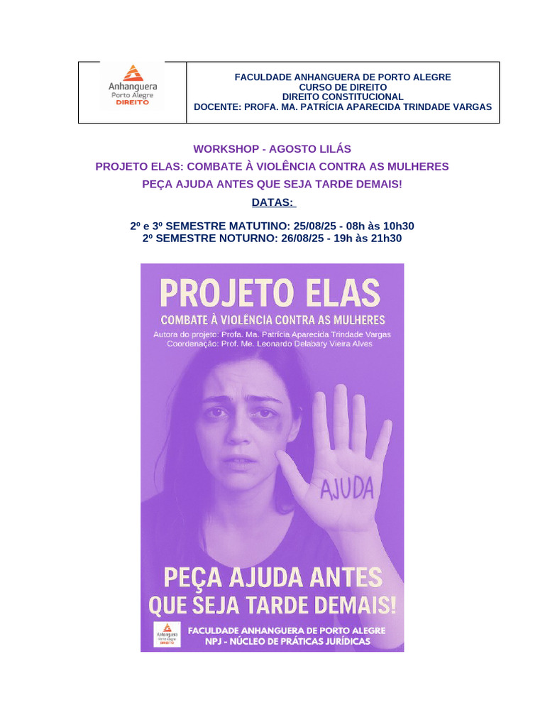 Workshop Projeto Elas - Combate À Violência Contra As Mulheres | PDF ...