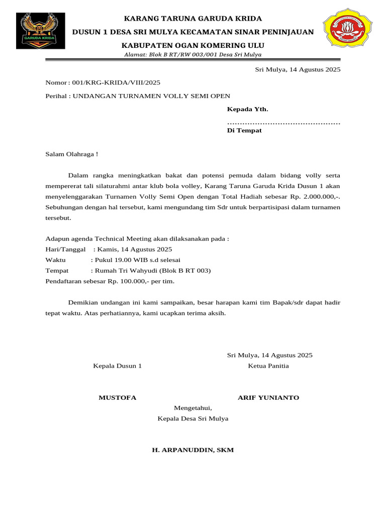 Surat Undangan Turnamen Volly | PDF