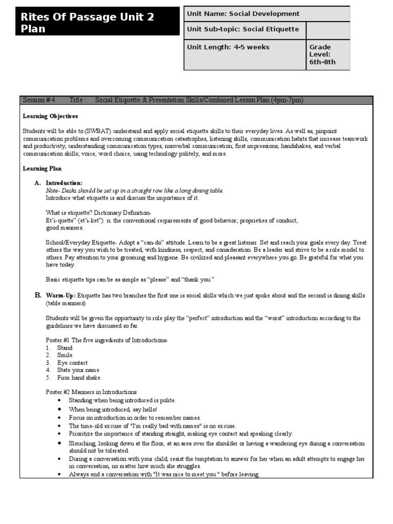 Social Etiquette Lesson Plan for Students | PDF | Etiquette | Lesson Plan