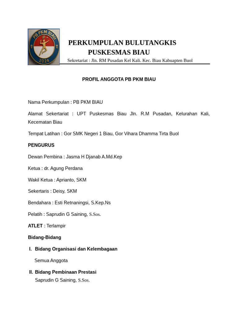 PROFIL ANGGOTA dan Daftar Atlet PB PKM BIAU | PDF