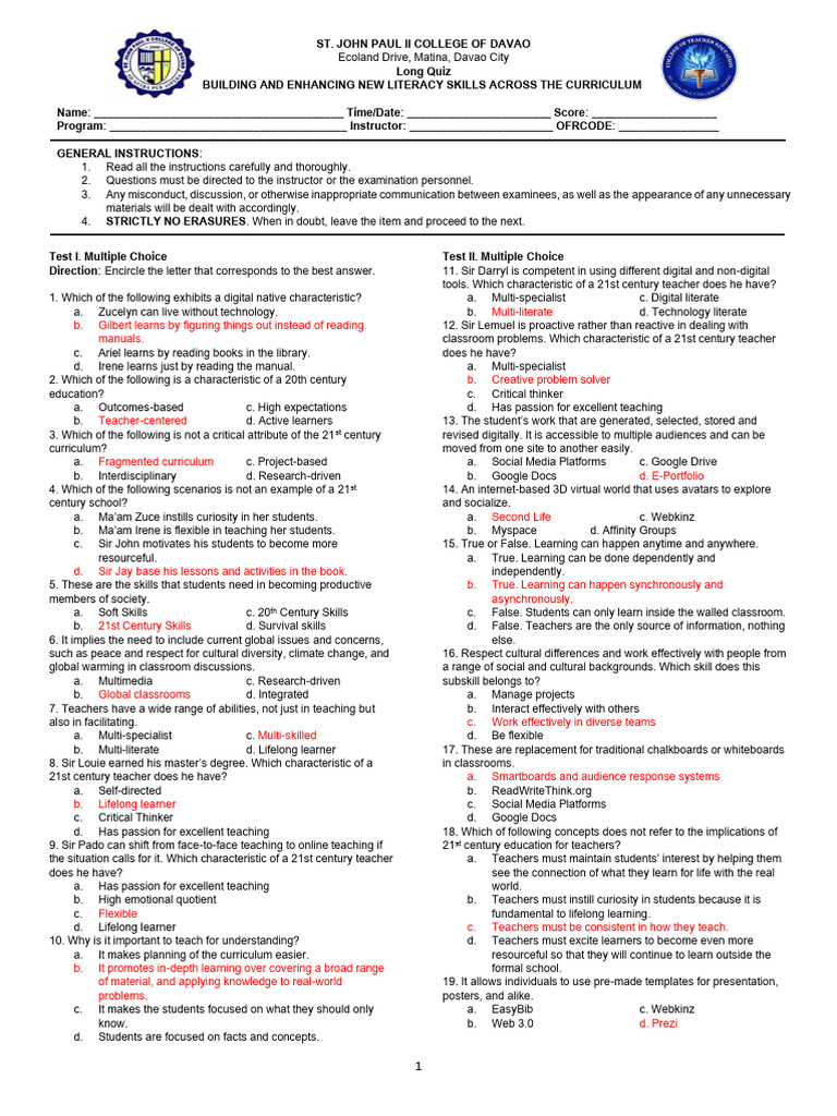 Educ102 Prelim Long Quiz Answer Key | PDF | Literacy | Learning