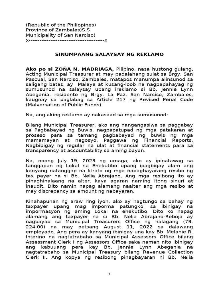 Sinumpaang Salaysay Treasury | PDF