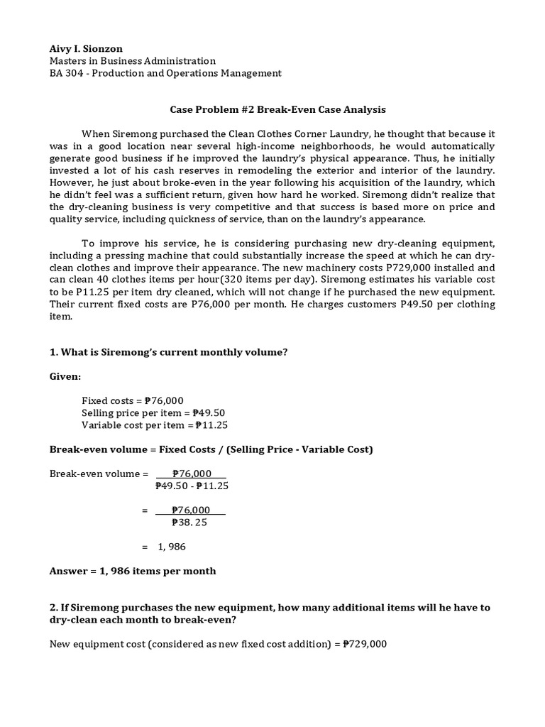 Sionzon, Aivy I. Case Problem #2 Break-Even Case Analysis | PDF | Laundry | Profit (Economics)