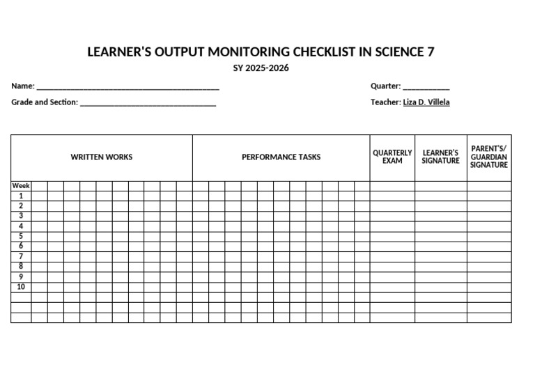 Science 7 Monitoring Checklist 2025-2026 | PDF