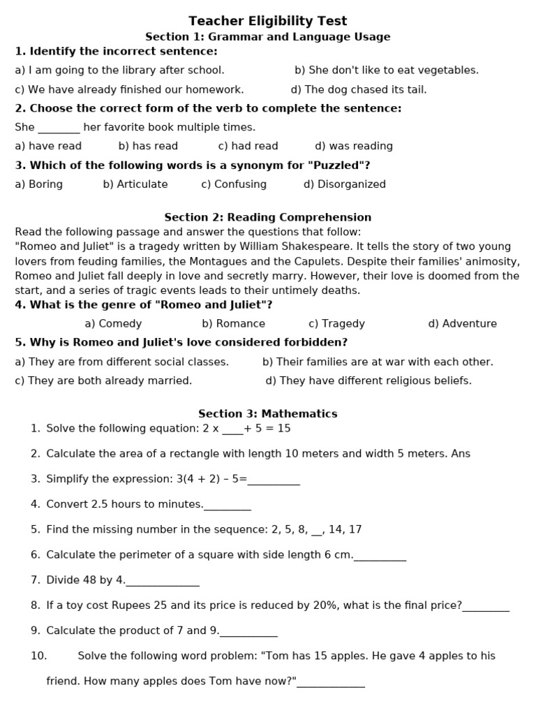 Teacher Eligibility Test Practice Questions | PDF | Characters In Romeo ...
