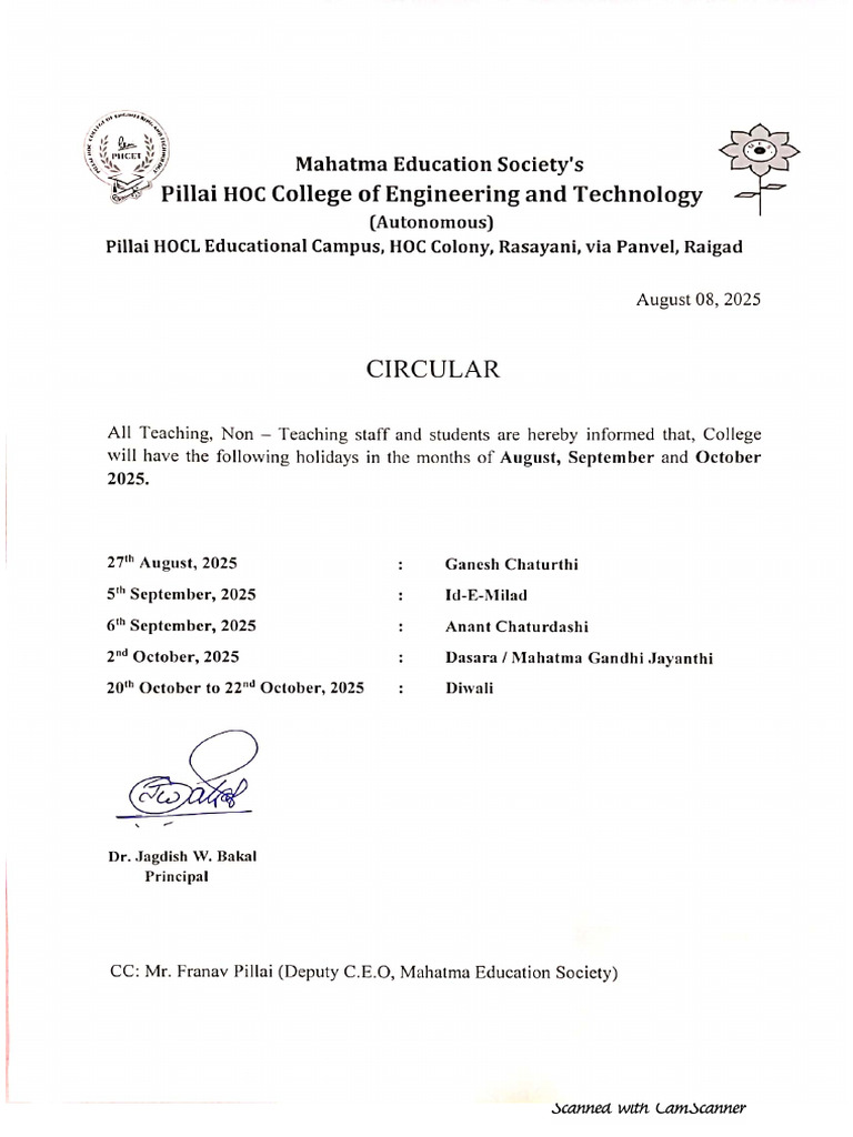 Holidays Circular (Aug., Sep., Oct., 2025) | PDF