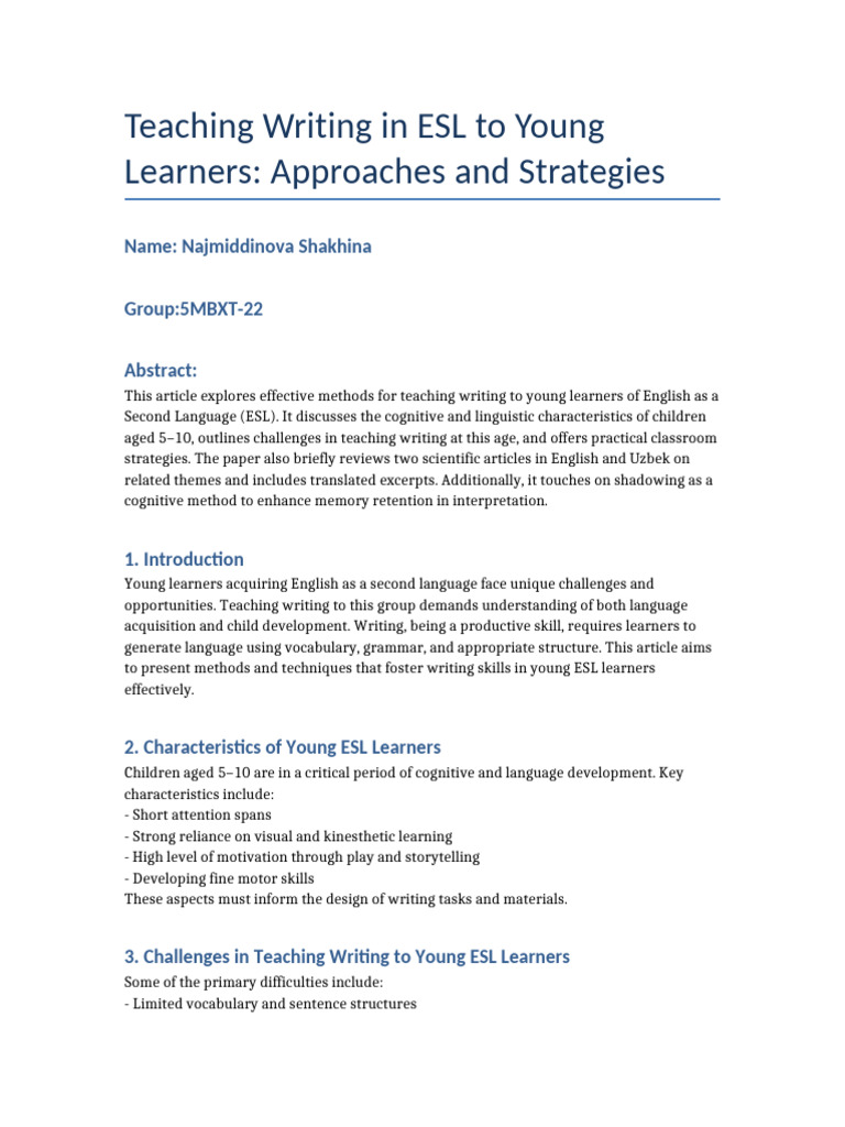 Teaching Writing ESL Young Learners | PDF | English As A Second Or ...