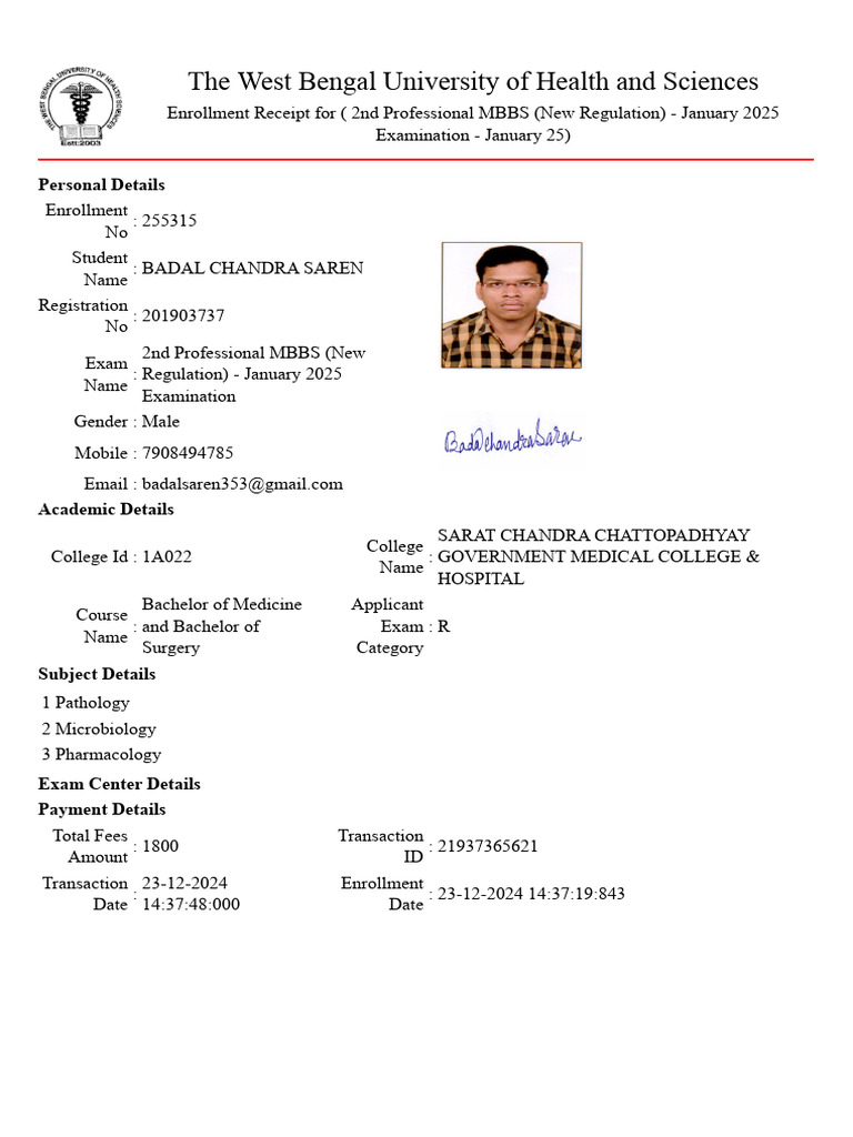 Enrollment Receipt for MBBS Exam 2025 | PDF