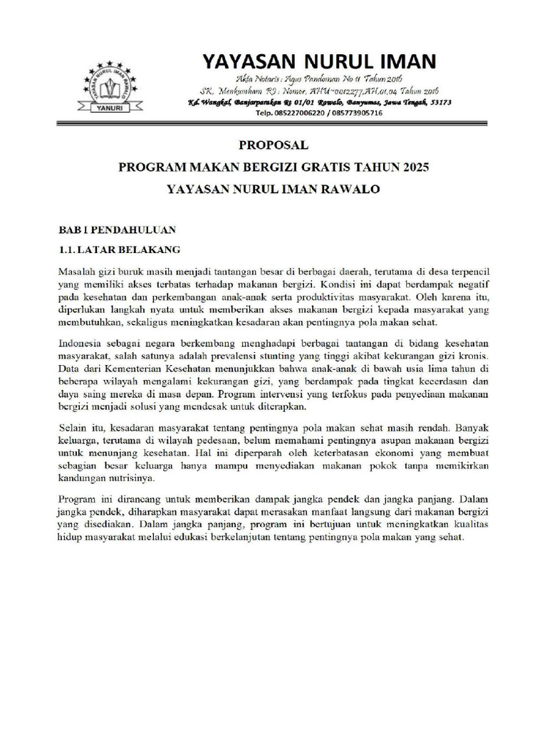 Proposal MBG - Pondok Pesantren MH Nurul Iman El-Madani - Compressed | PDF