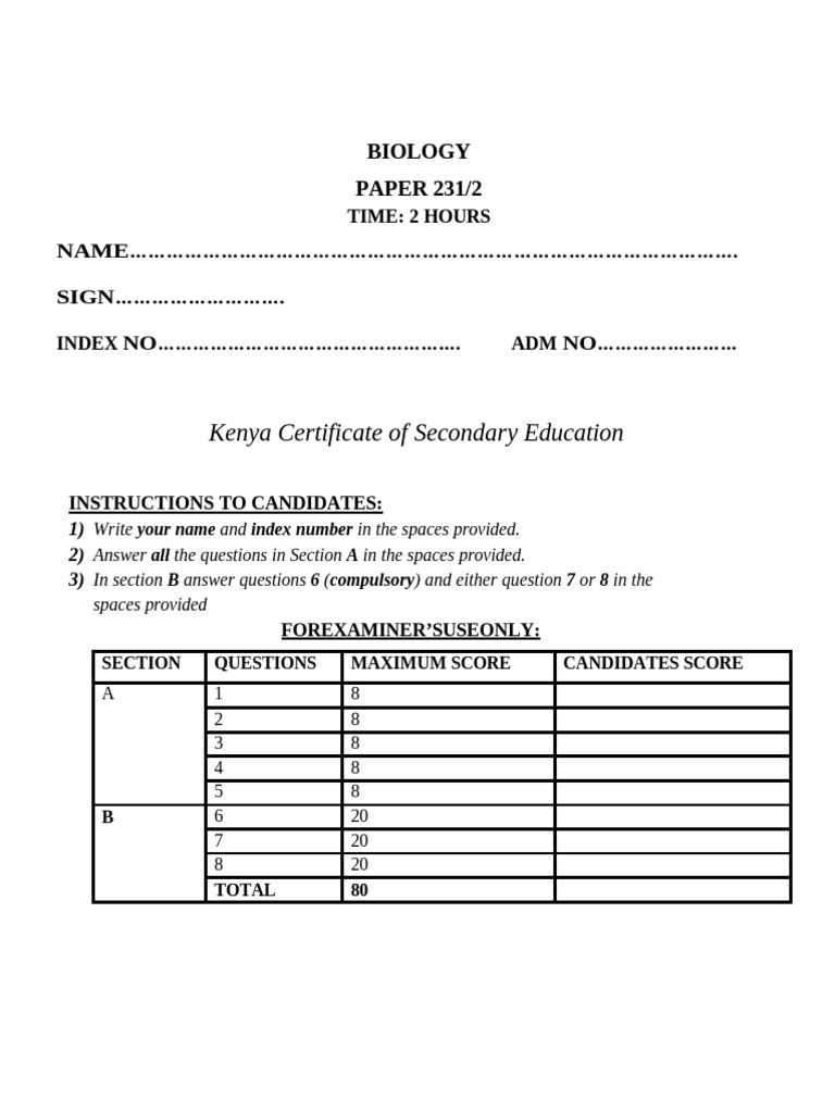 Form 3 PP2 Biology End Term 2 Exam | PDF | Liver | Biology