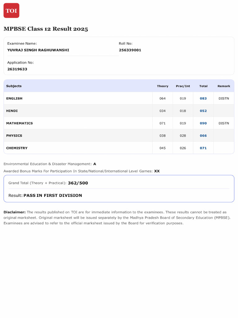 MPBSE Class 12 Result 2025 256339001 | PDF