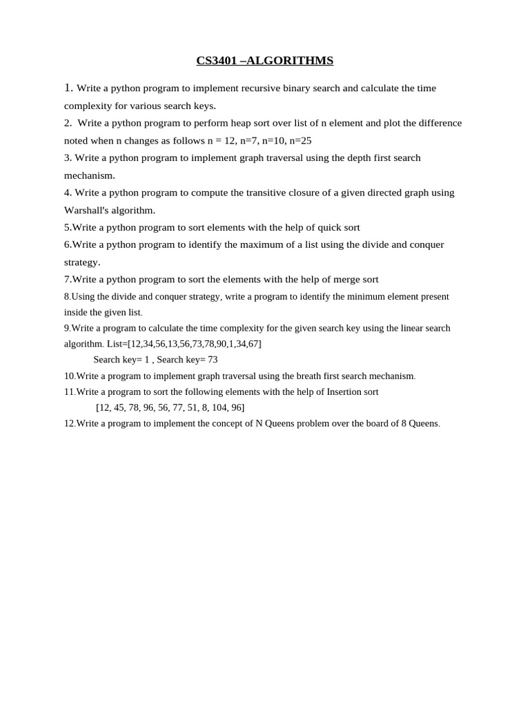 Cs3401 - Algorithms Lab Excercises | PDF