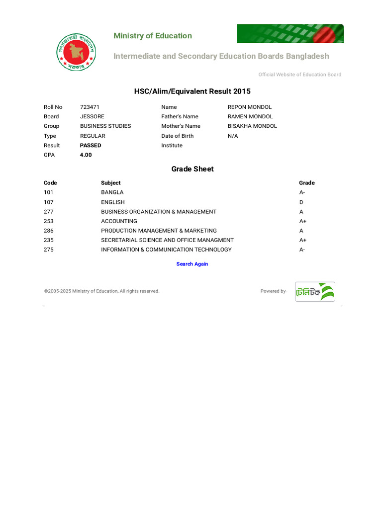 Hsc Mark Sheet | PDF