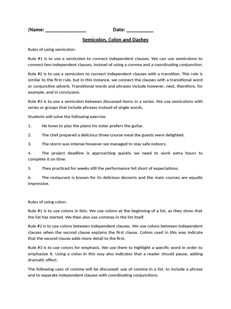 Semicolon, Colon, Dashes | PDF | Comma | Grammar