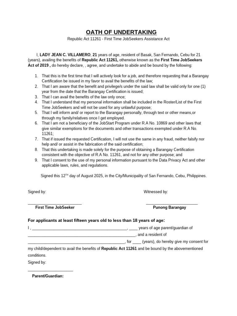 Oath of Undertaking for JobSeekers | PDF