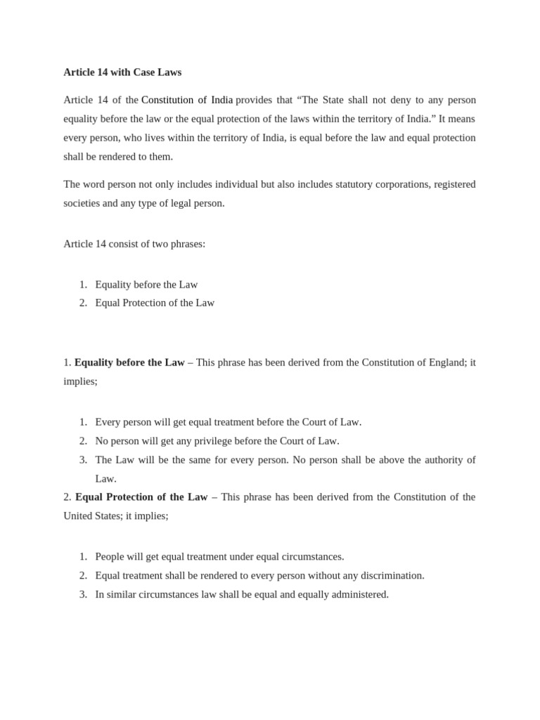 Article 14: Equality and Case Laws | PDF | Discrimination | Equal ...
