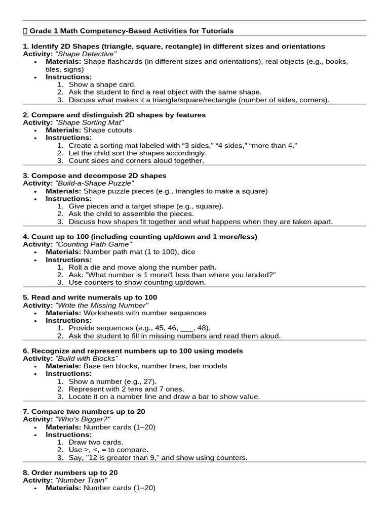 ? Grade 1 Math Competency | PDF | Shape