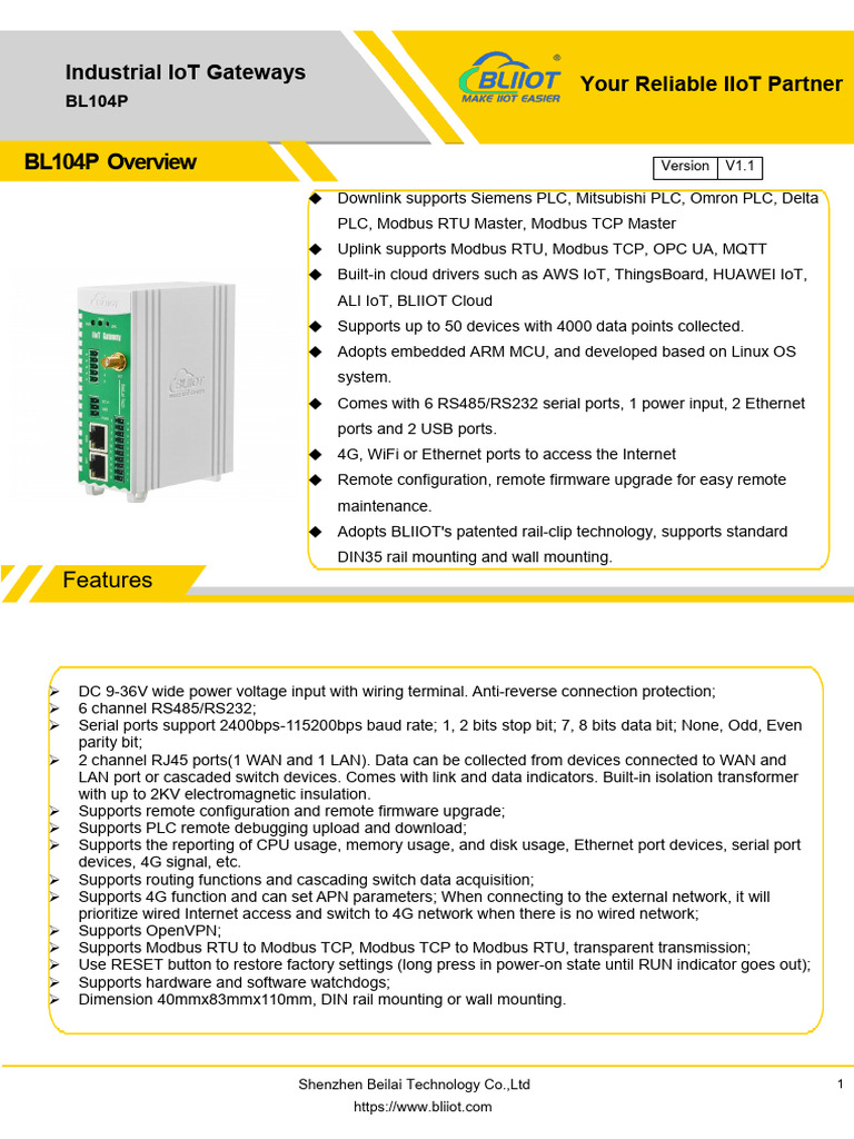 BLIIoT BL104P PLC To MQTT OPC UA Modbus Converter | PDF | Wi Fi | Ip ...