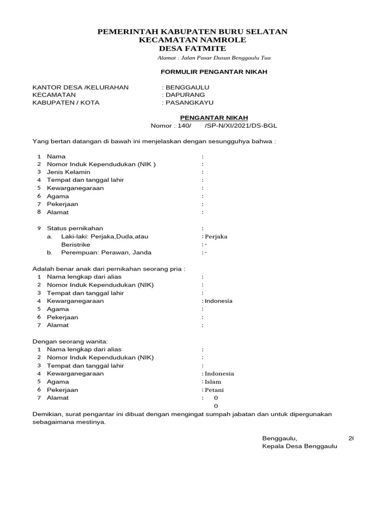 Format Surat Pengantar Nikah | PDF