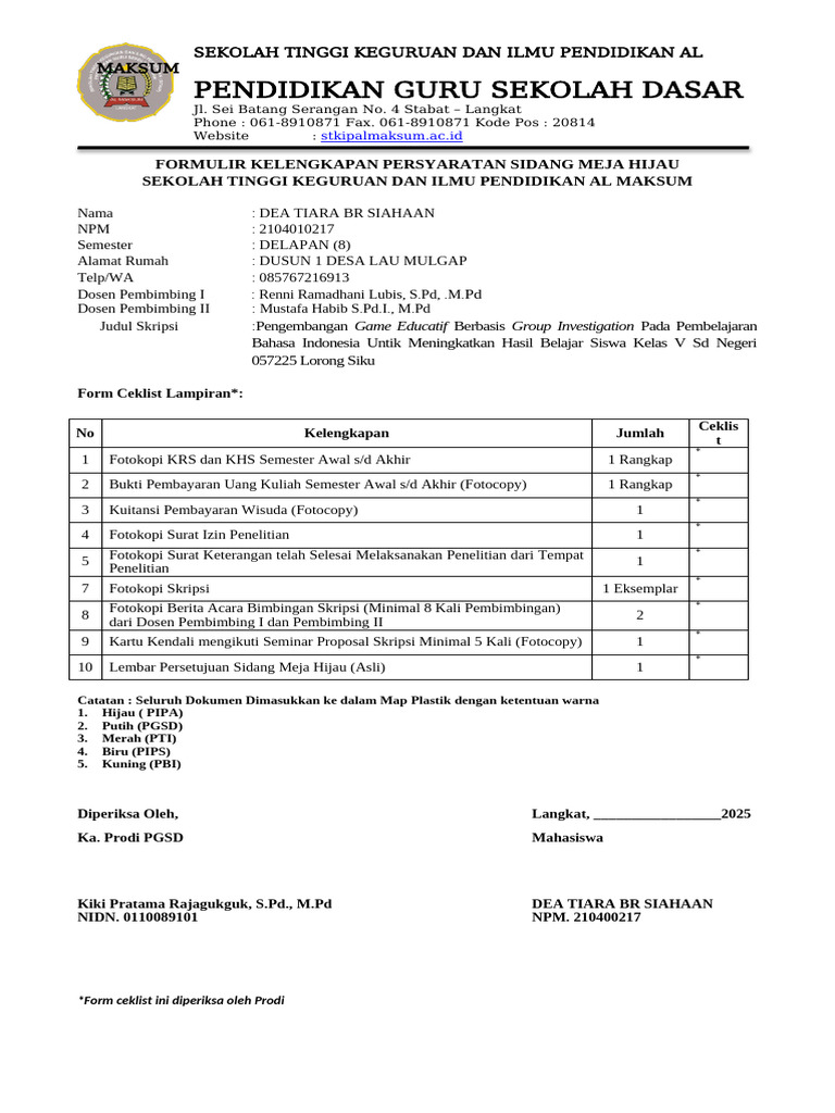 Formulir Sidang Meja Hijau PGSD | PDF