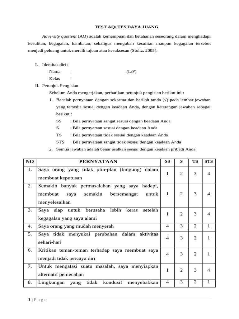 Tes Daya Juang: Ukur AQ Anda | PDF