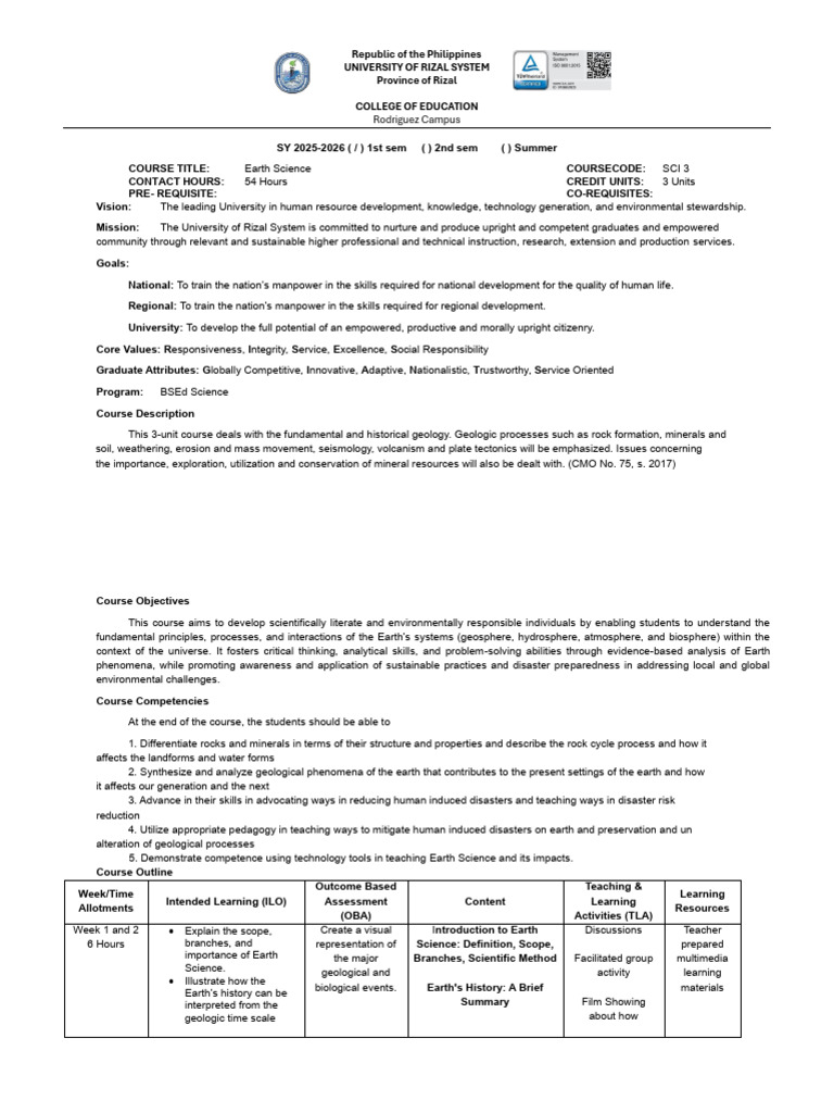 Earth Science Course Syllabus 2025-2026 | PDF | Rock (Geology) | Earth ...