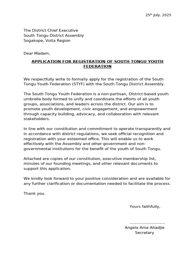 Registration Application for ST Youth Federation | PDF