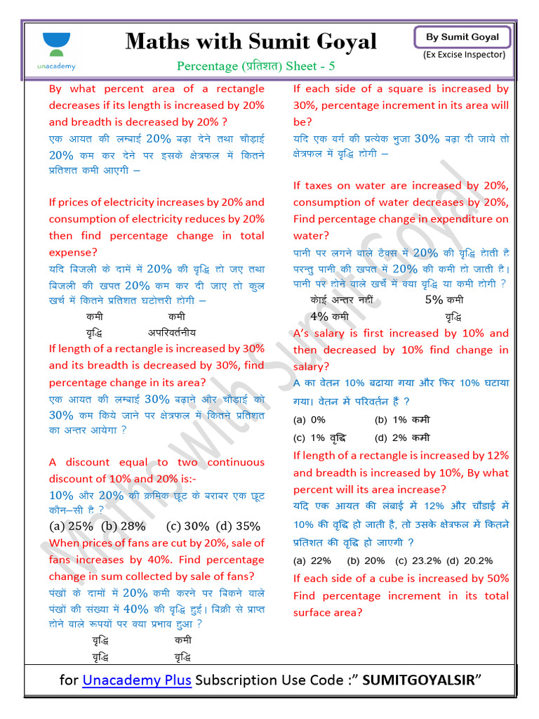 Percentage Sheet 5 Unacademy 1693219375923 | PDF | Mathematics