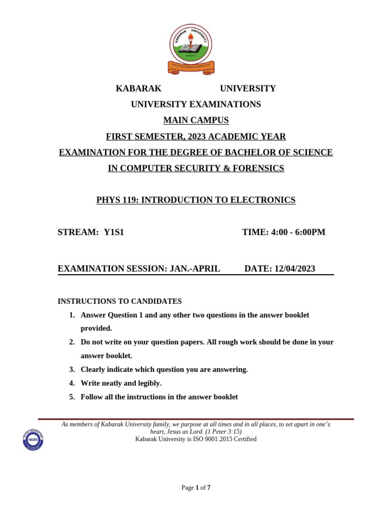 PHYS 119 INTRODUCTION TO ELECTRONICS - Kabarak University | PDF | Diode | Electric Current