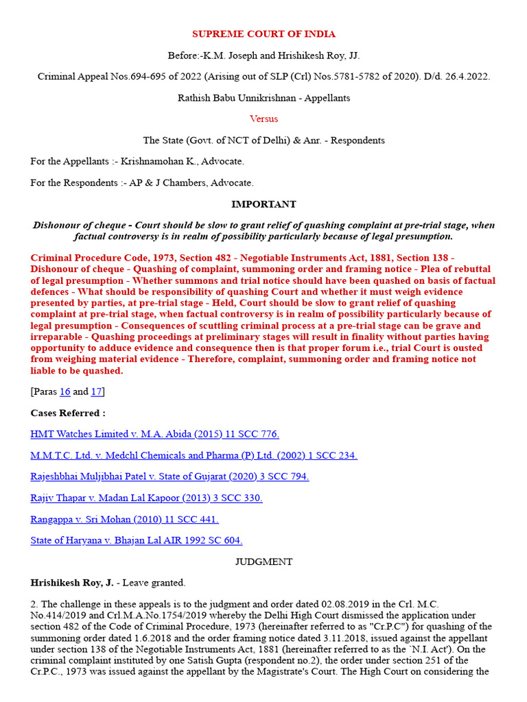 Rathish Babu Unnikrishnan v. State (Govt. of NCT of Delhi) (SC ...