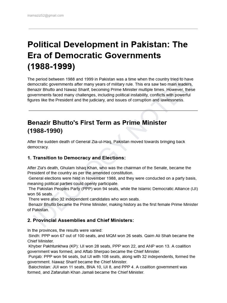 The Era of Democratic Governments (1988-1999) | PDF | Benazir Bhutto ...