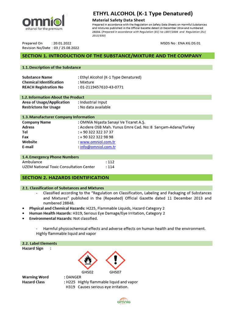 Ethyl Alcohol (K-1 Type Denatured) - 2022 | PDF | Dangerous Goods ...