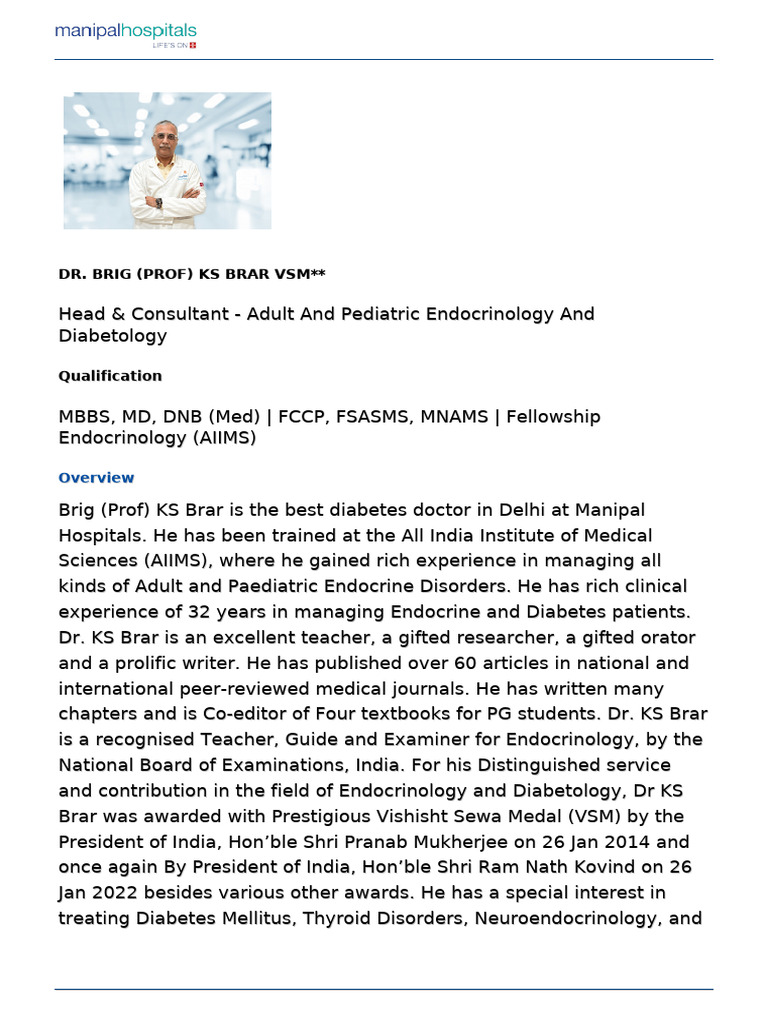Best Endocrinologist in Delhi - Dr. KS Brar | PDF | Endocrinology ...