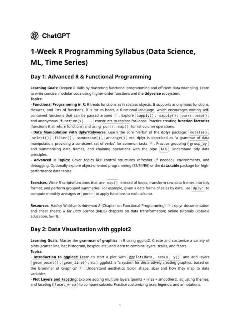 1-Week R Programming Syllabus (Data Science, ML, Time Series) | PDF ...