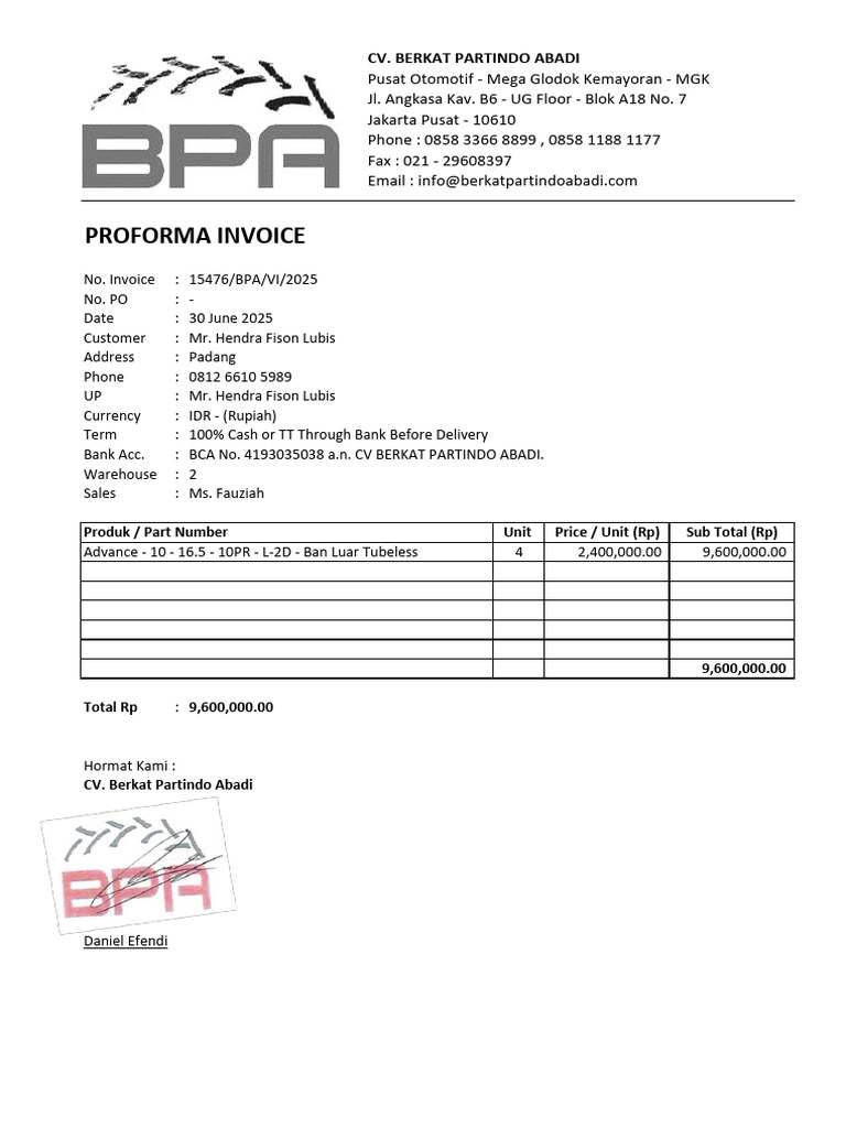 Invoice 15476 - MR Hendra Fison Lubis - Invoice | PDF
