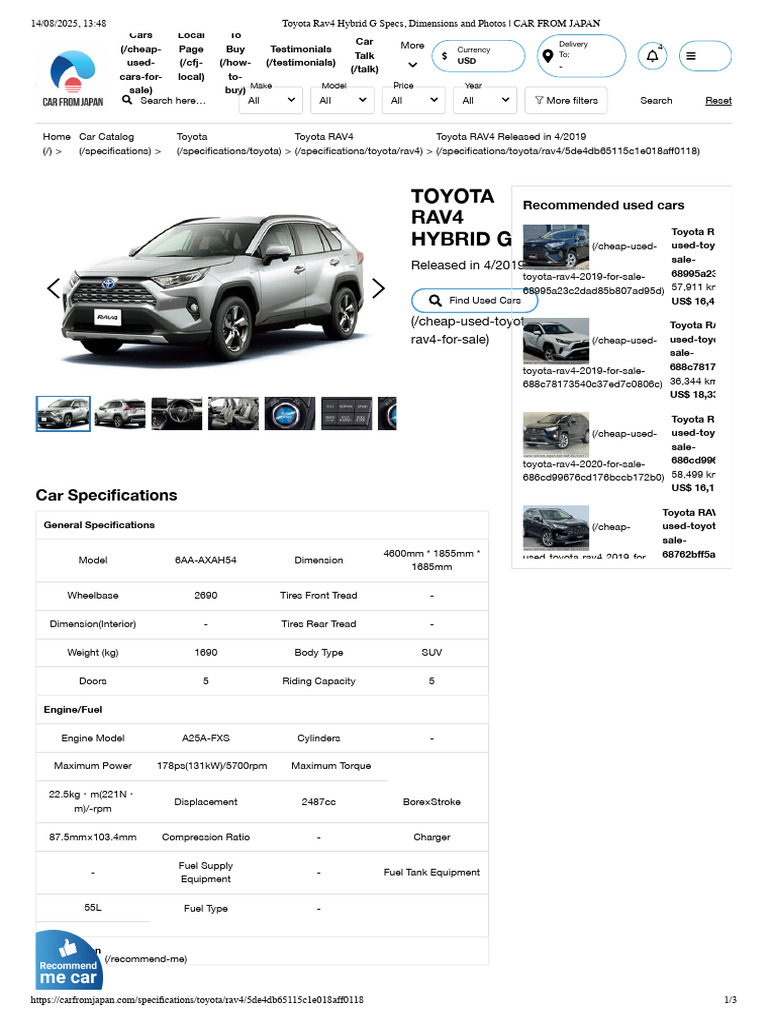 Toyota Rav4 Hybrid G Specs, Dimensions and Photos - CAR FROM JAPAN ...