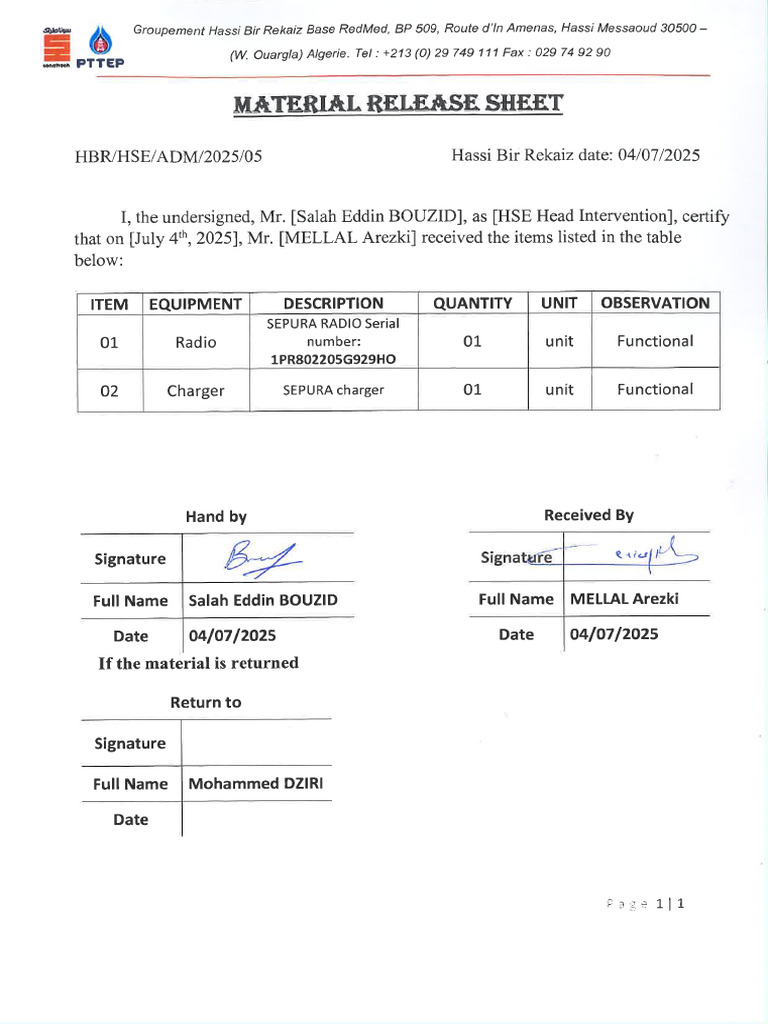 Material Release Sheet - Radio SEPURA - HSE Intervention | PDF