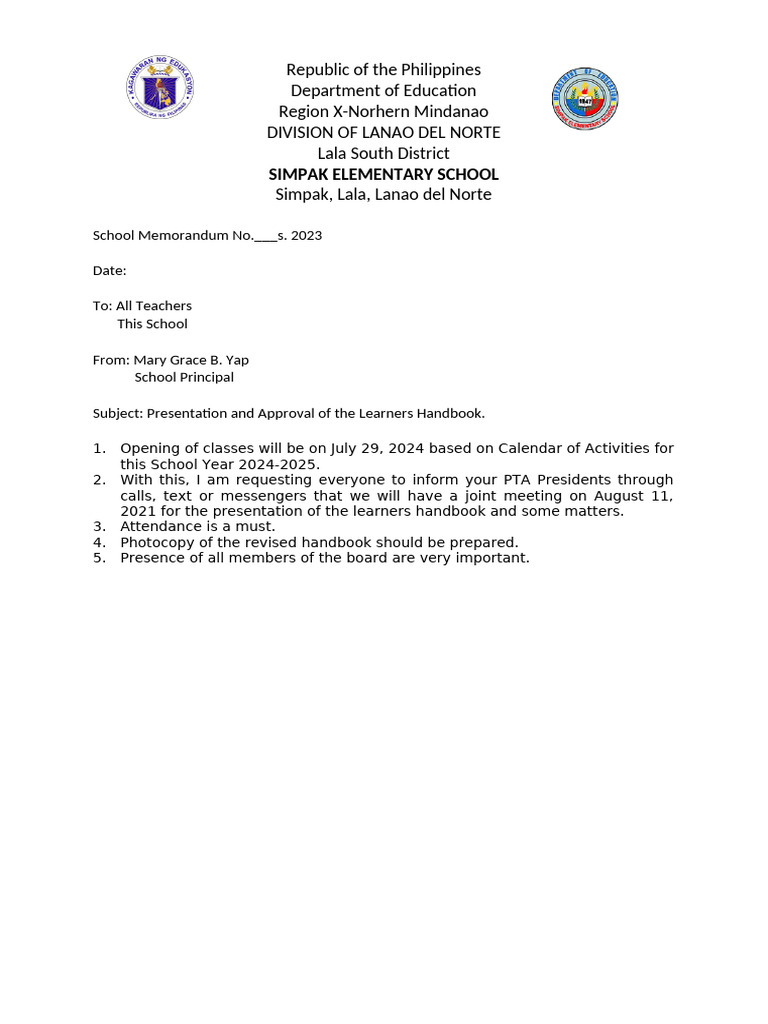 Simpak Elementary School Handbook Meeting Notice | PDF