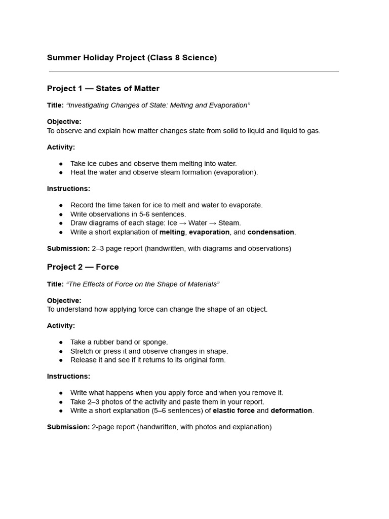 Class 8 Science Holiday Projects | PDF