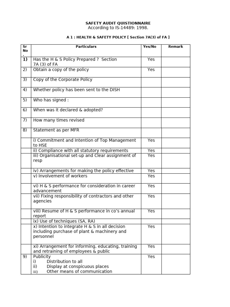 IS-14489 Safety Audit Questionnaire | PDF | First Aid | Personal ...