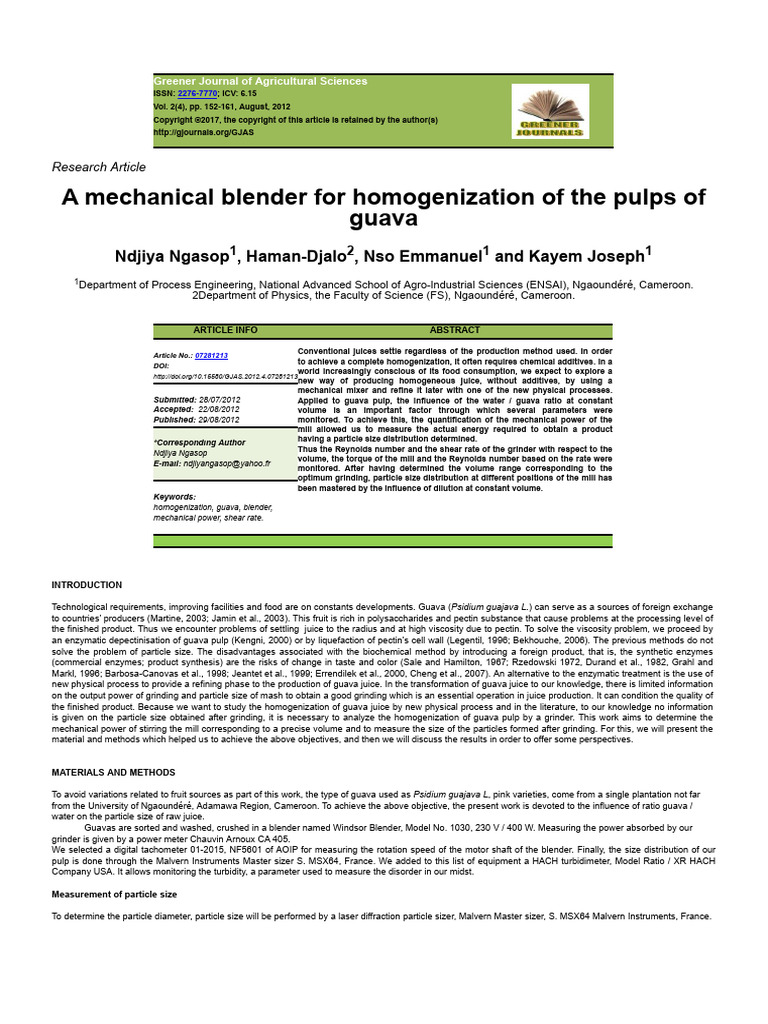 A Mechanical Blender For Homogenization of The Pulps of Guava | PDF ...