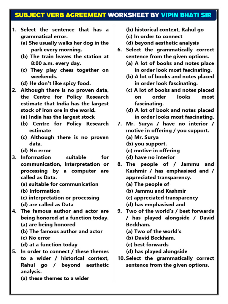 Worksheet Subject Verb Agreement | PDF | Information | Subject (Grammar)