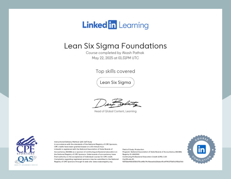 CertificateOfCompletion_Lean Six Sigma Foundations | PDF