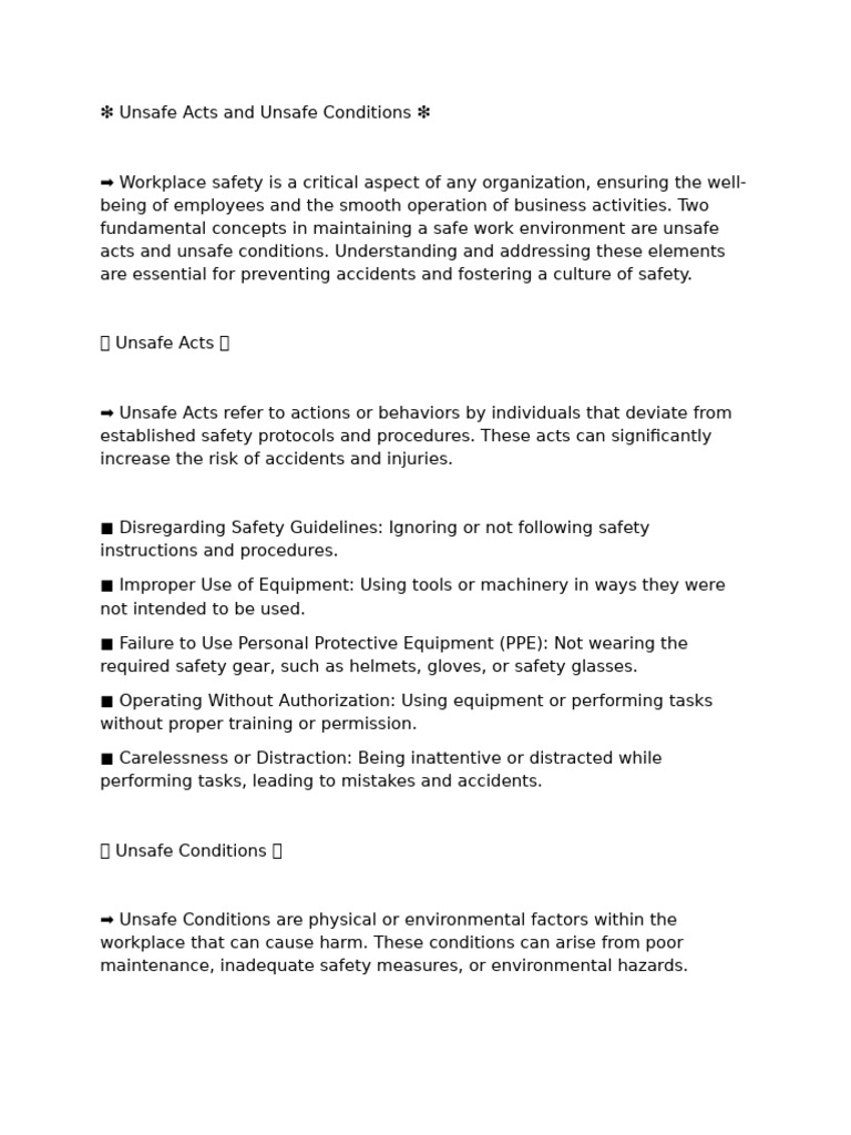 Unsafe Acts and Unsafe Conditions | PDF | Safety | Occupational Safety ...