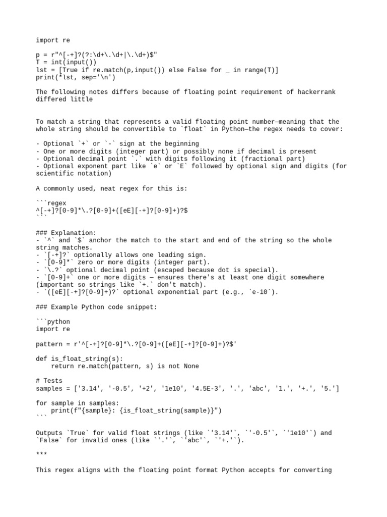 Regex for Valid Floating Point Numbers | PDF | Regular Expression | Computer Science