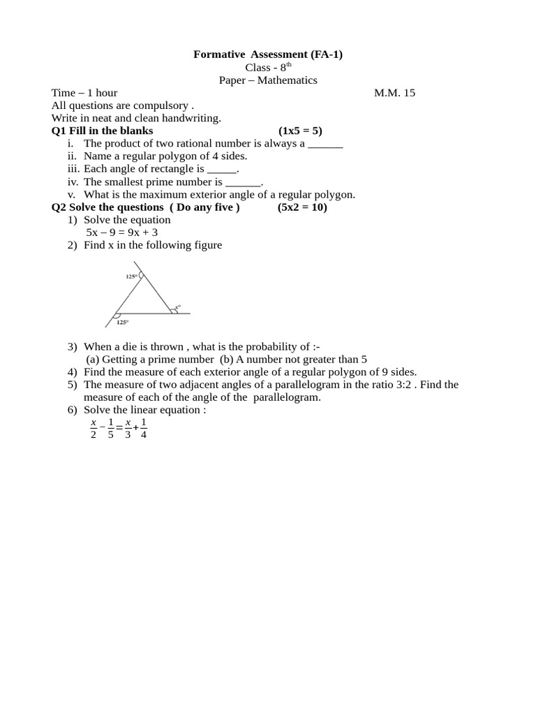 Class 8 Mathematics Formative Assessment | PDF