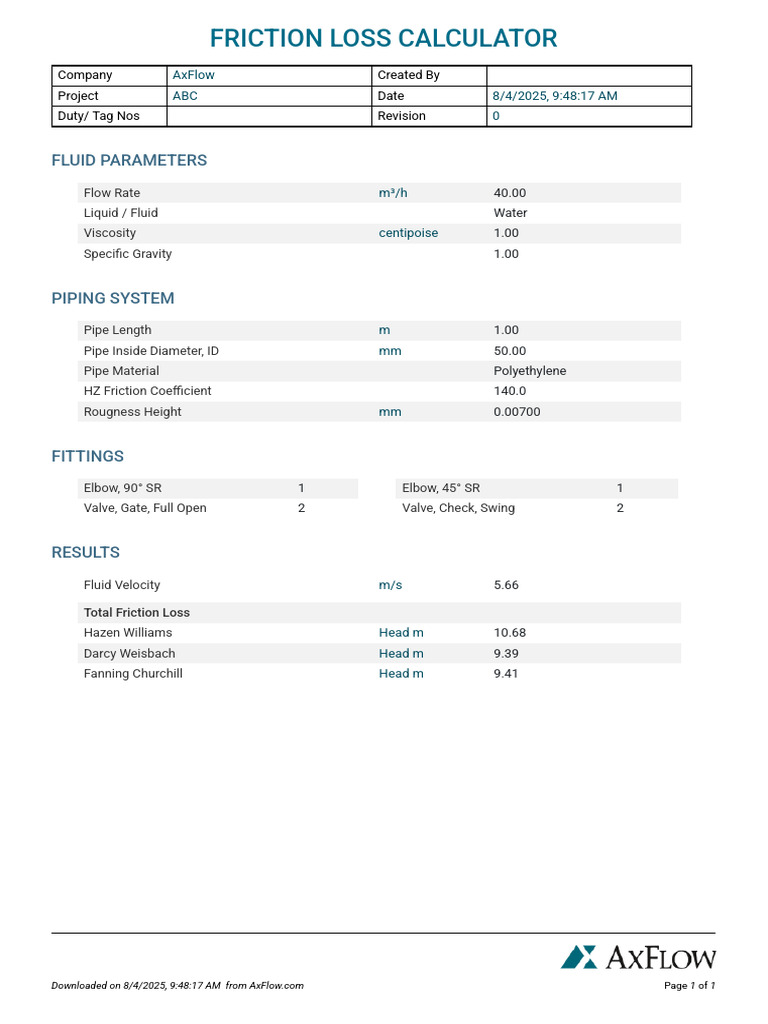 Friction Loss Calculator for Water Systems | PDF