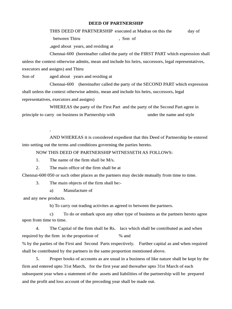 Partnership Deed Template Chennai | PDF | Arbitral Tribunal | Partnership