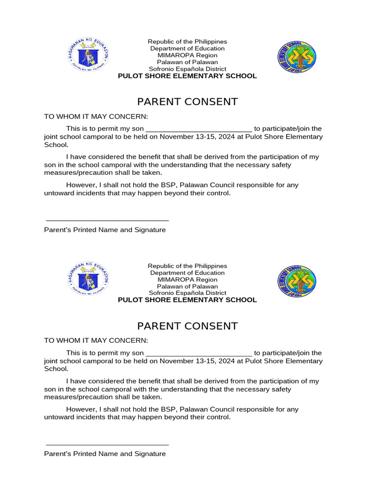 Boy Scout Camporal Parent Consent Form | PDF