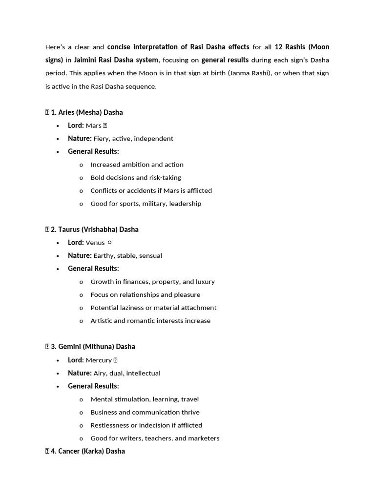 Rasi Dasha Effects for 12 Rashis | PDF | Planets In Astrology ...